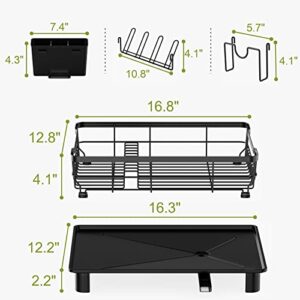 GSlife Dish Drying Rack with Drainboard - Dish Racks for Kitchen Counter with 12 Plate Slot and Cup Holder, Dish Rack with Cutting Board Holder and Higher Tray Feet, Utensil Holder with Spout, Black