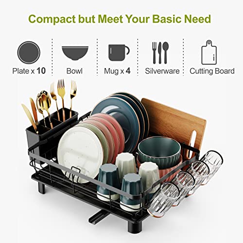 GSlife Dish Drying Rack with Drainboard - Dish Racks for Kitchen Counter with 12 Plate Slot and Cup Holder, Dish Rack with Cutting Board Holder and Higher Tray Feet, Utensil Holder with Spout, Black