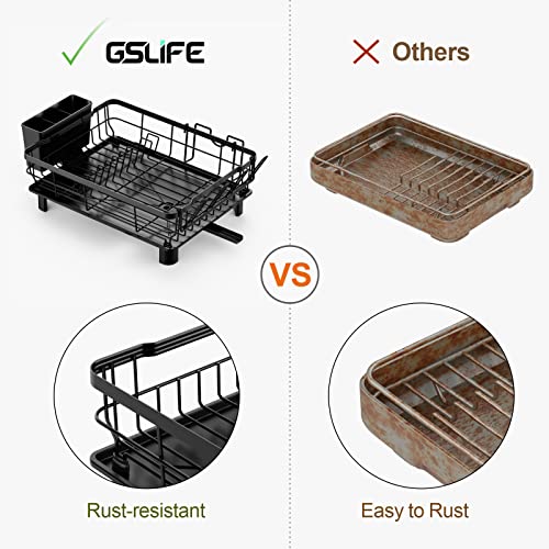 GSlife Dish Drying Rack with Drainboard - Dish Racks for Kitchen Counter with 12 Plate Slot and Cup Holder, Dish Rack with Cutting Board Holder and Higher Tray Feet, Utensil Holder with Spout, Black