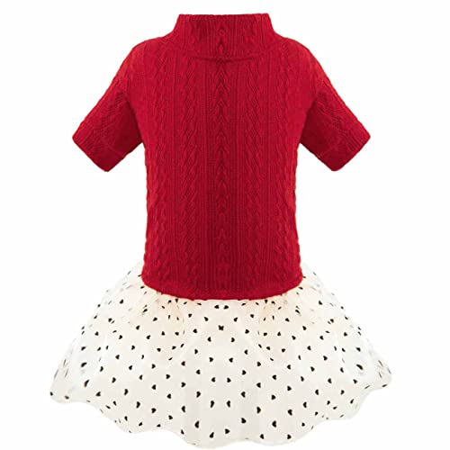 Dog Knitwear Sweater Dress Lace Tulle Tutu Outfit Skirt with Cute Heart Pattern for Small Medium Girl Dogs Christmas Birthday Party (Red, S)