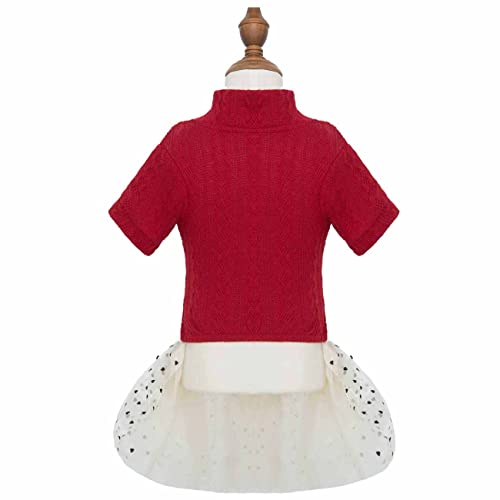 Dog Knitwear Sweater Dress Lace Tulle Tutu Outfit Skirt with Cute Heart Pattern for Small Medium Girl Dogs Christmas Birthday Party (Red, S)