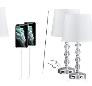 Unfusne Set of 3 Crystal Lamp with USB Port - Touch Control Table Lamp for Bedroom 3 Way Dimmable Nightstand Bedside Lamp with White Fabric Shade, Small Lamps for Living Room, Dorm, Home,Office