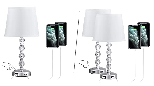 Unfusne Set of 3 Crystal Lamp with USB Port - Touch Control Table Lamp for Bedroom 3 Way Dimmable Nightstand Bedside Lamp with White Fabric Shade, Small Lamps for Living Room, Dorm, Home,Office