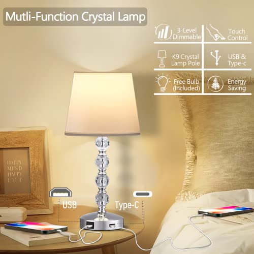 Unfusne Set of 3 Crystal Lamp with USB Port - Touch Control Table Lamp for Bedroom 3 Way Dimmable Nightstand Bedside Lamp with White Fabric Shade, Small Lamps for Living Room, Dorm, Home,Office