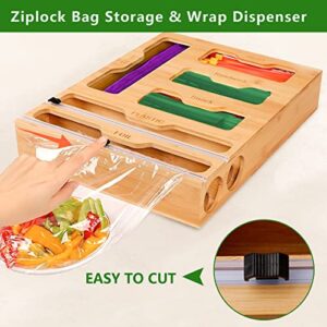 Ziplock Bag Storage Organizer for Kitchen,Aluminum Foil Plastic Wrap Dispenser with Cutter,Real Bamboo 6-in-1 Sandwich Bags Organizer and Lunch Baggie Dispenser,for Drawer,Wall,Pantry etc