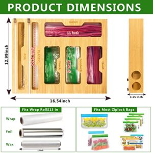 Ziplock Bag Storage Organizer for Kitchen,Aluminum Foil Plastic Wrap Dispenser with Cutter,Real Bamboo 6-in-1 Sandwich Bags Organizer and Lunch Baggie Dispenser,for Drawer,Wall,Pantry etc