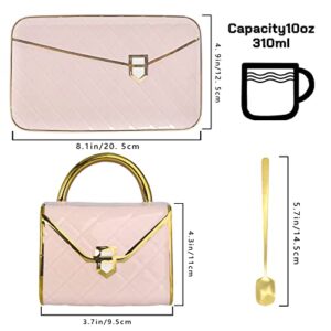 FLLETY Coffee Mug,Tea Cup Set,Coffee Cups Ceramic Travel Mug,Handbag Shaped Mug With Saucer And Spoon,Halloween Mugs With Gift Box For Women (Pink)