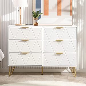 betterhood 6 drawer dresser,white dresser for bedroom, wood chest of drawers with diamond board & gold metal handles for bedroom,living room,closet hallway (white)