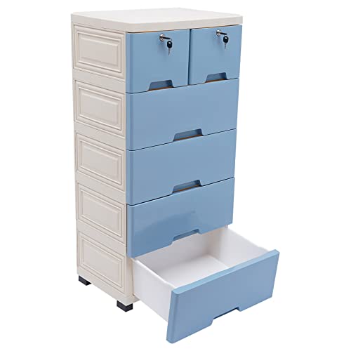 TFCFL Modern 6 Drawer Dresser, 5 Layers Drawer Chest Storage Cabinet Tall Dresser Organizer with Rolling Wheels, Keys for Clothes, Playroom, Bedroom Furniture, Living Room, Blue