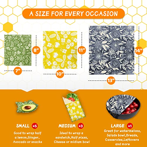 Beeswax Wrap, Beeswax Wraps For Food, Organic, Sustainable, Beeswax Food Wrap for Sandwich Storage, Reusable Beeswax Food Wrap 1L, 5M, 3S Flower Patterns Beeswax Paper, 9 Pack Set