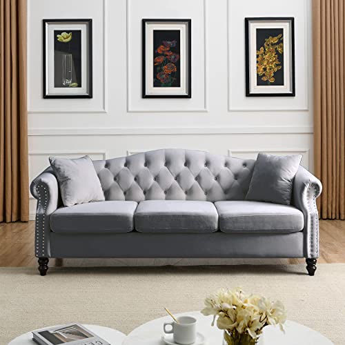 79" Velvet Chesterfield Sofa for Living Room,3 Seater Sofa Button Tufted Nailhead Trimming Curved Backrest Rolled Arms with Silver Metal Legs with 2 Pillows,Bedroom,Office (Grey Velvet, 79*30*32")