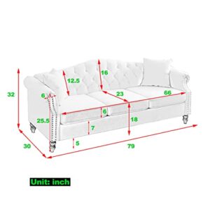 79" Velvet Chesterfield Sofa for Living Room,3 Seater Sofa Button Tufted Nailhead Trimming Curved Backrest Rolled Arms with Silver Metal Legs with 2 Pillows,Bedroom,Office (Grey Velvet, 79*30*32")