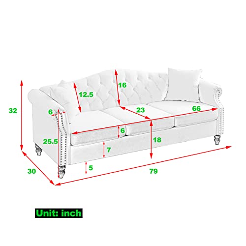 79" Velvet Chesterfield Sofa for Living Room,3 Seater Sofa Button Tufted Nailhead Trimming Curved Backrest Rolled Arms with Silver Metal Legs with 2 Pillows,Bedroom,Office (Grey Velvet, 79*30*32")