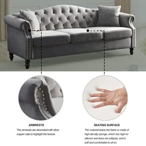 79" Velvet Chesterfield Sofa for Living Room,3 Seater Sofa Button Tufted Nailhead Trimming Curved Backrest Rolled Arms with Silver Metal Legs with 2 Pillows,Bedroom,Office (Grey Velvet, 79*30*32")