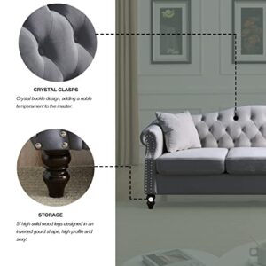 79" Velvet Chesterfield Sofa for Living Room,3 Seater Sofa Button Tufted Nailhead Trimming Curved Backrest Rolled Arms with Silver Metal Legs with 2 Pillows,Bedroom,Office (Grey Velvet, 79*30*32")