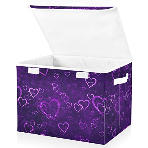 RunningBear Hearts Purple Large Storage Bins with Lid Collapsible Storage Bin Cube Storage Bin Fabric Storage Baskets for Living Room Bedroom