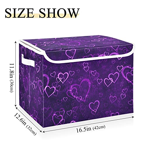 RunningBear Hearts Purple Large Storage Bins with Lid Collapsible Storage Bin Cube Storage Bin Fabric Storage Baskets for Living Room Bedroom