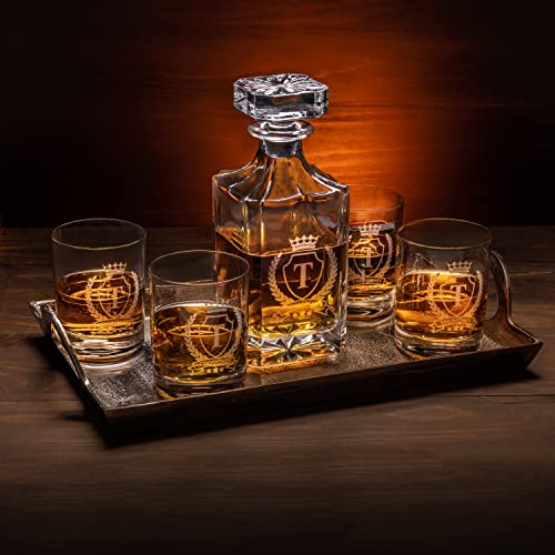 Personalized Whiskey Decanter Set With Glasses - Custom Whisky Drinking Glasses Set of 4 - Engraved Vintage Glassware - Whiskey Gifts for Men, Him, Dad, Birthday, Wedding, Groomsman, Anniversary