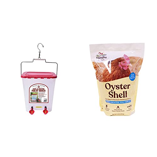 Harris Farms 1000310 Cup-A-Water, 4 Gallon Poultry Drinker, RED & Manna Pro Crushed Oyster Shell | Egg-Laying Chickens | 5 LB