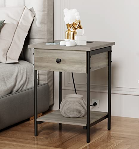 hosote Nightstand with Charging Station, Flip Top End Table with USB Ports and Outlets Farmhouse Night Stand Side Bedside Table with Storage for Bedroom Living Room (Rustic Grey, Small)