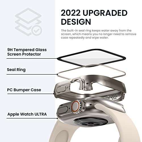 Tensea for Waterproof Apple Watch Ultra2/Ultra Screen Protector Case 49mm Accessories, iWatch Protective PC Face Cover Built-in Tempered Glass Film, Sweatproof Bumper for Women Men, 49 mm