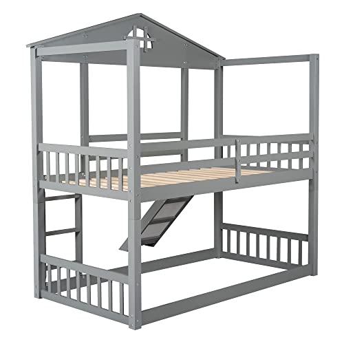 Polibi Twin Over Twin Bunk Bed with Convertible Slide and Ladder, Can be Converted into 2 Solid Wood House Platform Bed with Roof and Guardrail, Grey