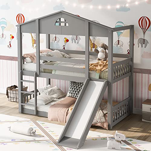 Polibi Twin Over Twin Bunk Bed with Convertible Slide and Ladder, Can be Converted into 2 Solid Wood House Platform Bed with Roof and Guardrail, Grey