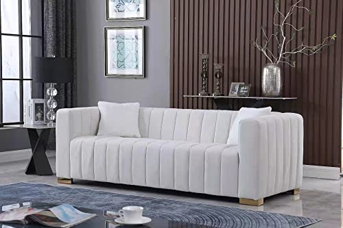 i-POOK 87" Chesterfield Sofa, Modern Velvet Channel Tufted Upholstered Sofa Couch with 2 Toss Pillows and Armrest 3 Seater Sofa with Metal Legs Accent Sofa for Living Room Office Apartment, White