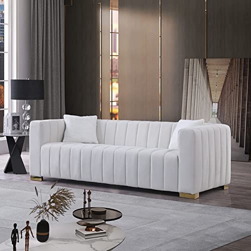 i-POOK 87" Chesterfield Sofa, Modern Velvet Channel Tufted Upholstered Sofa Couch with 2 Toss Pillows and Armrest 3 Seater Sofa with Metal Legs Accent Sofa for Living Room Office Apartment, White