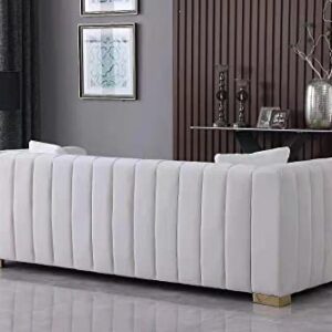 i-POOK 87" Chesterfield Sofa, Modern Velvet Channel Tufted Upholstered Sofa Couch with 2 Toss Pillows and Armrest 3 Seater Sofa with Metal Legs Accent Sofa for Living Room Office Apartment, White