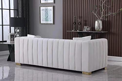 i-POOK 87" Chesterfield Sofa, Modern Velvet Channel Tufted Upholstered Sofa Couch with 2 Toss Pillows and Armrest 3 Seater Sofa with Metal Legs Accent Sofa for Living Room Office Apartment, White