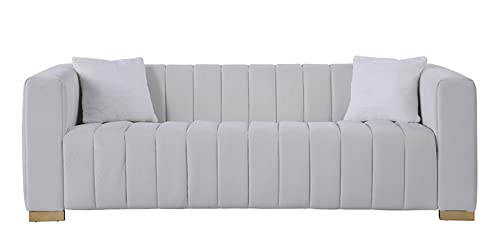 i-POOK 87" Chesterfield Sofa, Modern Velvet Channel Tufted Upholstered Sofa Couch with 2 Toss Pillows and Armrest 3 Seater Sofa with Metal Legs Accent Sofa for Living Room Office Apartment, White