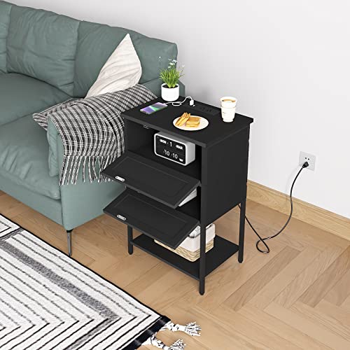 NONGSHIM Nightstand with Charging Station, Rattan Side Table with USB Ports and Outlets, Bedside Table with Open Storage Shelf, 4 Tier Modern Sofa End Table for Bedroom, Living Room, Office, Black