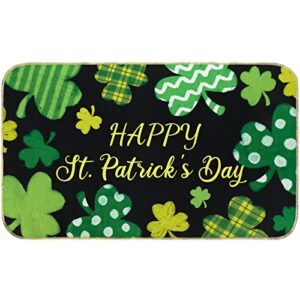 anydesign happy st. patrick's day door mat black green shamrock clover print front door mat with anti-slip rubber back irish felt doormat for indoor outdoor kitchen home decor, 17 x 29 inch