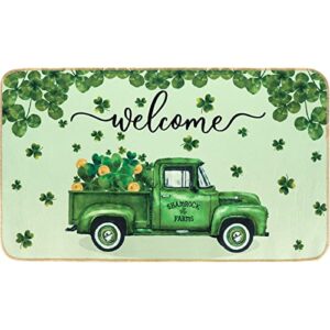 anydesign st. patrick's day welcome door mat watercolor green shamrock clover truck front door mat with anti-slip rubber back irish felt doormat for indoor outdoor kitchen home decor, 17 x 29 inch