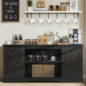 4ever2buy Farmhouse Buffet Cabinet with Storage, 59’’ Coffee Bar Cabinet with Sliding Barn Door, Kitchen Sideboards Buffet Cabinet Adjustable Shelf, Coffee Bar Table for Living Dining Room,Espresso