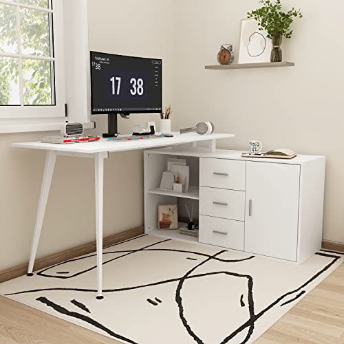 Homsee Home Office Computer Desk L-Shaped Corner Desk with 3 Drawers, 2-Tier Open Shelves & 1 Door, 55 Inch Wooden Study Writing Table with Storage Cabinet & Metal Legs, White