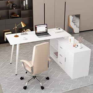 Homsee Home Office Computer Desk L-Shaped Corner Desk with 3 Drawers, 2-Tier Open Shelves & 1 Door, 55 Inch Wooden Study Writing Table with Storage Cabinet & Metal Legs, White