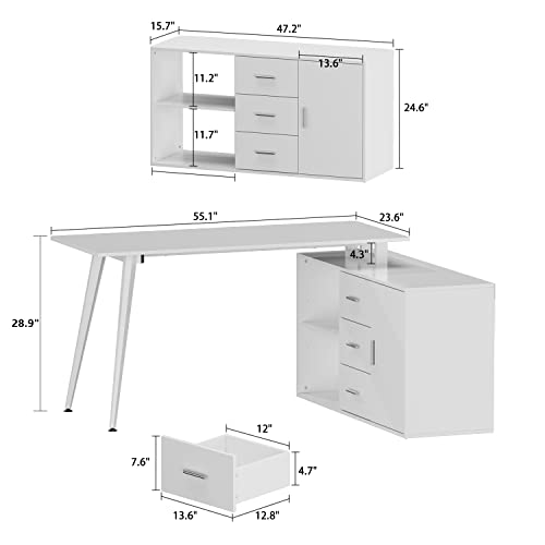 Homsee Home Office Computer Desk L-Shaped Corner Desk with 3 Drawers, 2-Tier Open Shelves & 1 Door, 55 Inch Wooden Study Writing Table with Storage Cabinet & Metal Legs, White