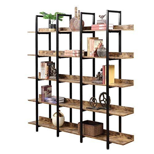 Lifeand 5-Tier Bookshelf Home Office Open Bookcase,Vintage Industrial Style Shelf with Metal Frame, MDF Board,Brown