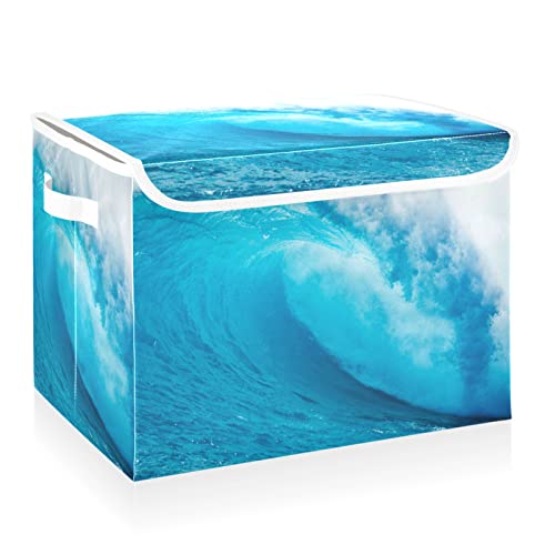 CaTaKu Blue Ocean Wave Storage Bins with Lids and Handles, Fabric Large Storage Container Cube Basket with Lid Decorative Storage Boxes for Organizing Clothes