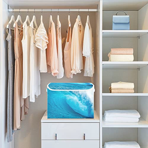 CaTaKu Blue Ocean Wave Storage Bins with Lids and Handles, Fabric Large Storage Container Cube Basket with Lid Decorative Storage Boxes for Organizing Clothes