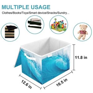 CaTaKu Blue Ocean Wave Storage Bins with Lids and Handles, Fabric Large Storage Container Cube Basket with Lid Decorative Storage Boxes for Organizing Clothes