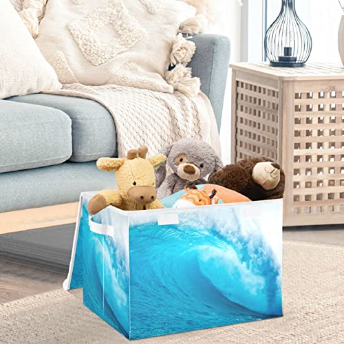 CaTaKu Blue Ocean Wave Storage Bins with Lids and Handles, Fabric Large Storage Container Cube Basket with Lid Decorative Storage Boxes for Organizing Clothes