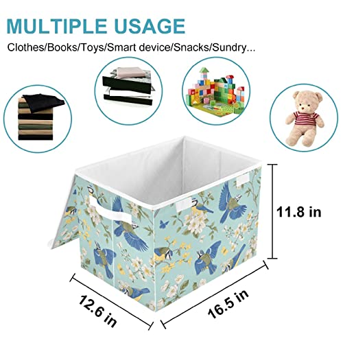 CaTaKu Tits Birds Flowers Storage Bins with Lids and Handles, Fabric Large Storage Container Cube Basket with Lid Decorative Storage Boxes for Organizing Clothes