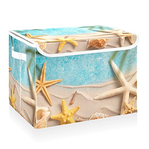 CaTaKu Palm Starfish Beach Storage Bins with Lids and Handles, Fabric Large Storage Container Cube Basket with Lid Decorative Storage Boxes for Organizing Clothes