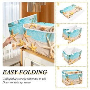 CaTaKu Palm Starfish Beach Storage Bins with Lids and Handles, Fabric Large Storage Container Cube Basket with Lid Decorative Storage Boxes for Organizing Clothes