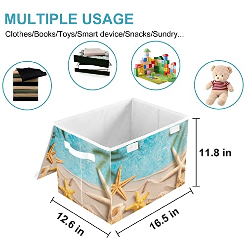 CaTaKu Palm Starfish Beach Storage Bins with Lids and Handles, Fabric Large Storage Container Cube Basket with Lid Decorative Storage Boxes for Organizing Clothes