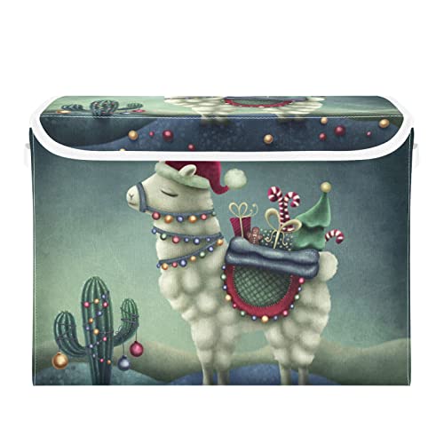 innewgogo Cute Llama in Santa Hat Storage Bins with Lids for Organizing Large Collapsible Storage Bins with Handles Oxford Cloth Storage Cube Box for Toys