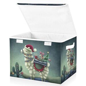 innewgogo Cute Llama in Santa Hat Storage Bins with Lids for Organizing Large Collapsible Storage Bins with Handles Oxford Cloth Storage Cube Box for Toys